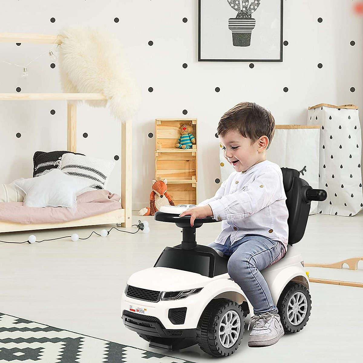 GLACER Push Cars for Toddlers 1-3, 3-in-1 Kids Sliding Car with Detachable Guardrail, Horn, Music, Lights, Storage Box and Anti-Roll Design, Ride on Push Car for Boys Girls(White)