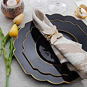 supernal 60pcs Black Plastic Plates,Black and Gold Plates Baroque,Gold Plates Plastic,Include 30 Plastic Dinner Plates,30 Appetizer Plates,Suit For Party, Birthday, Wedding, Easter and Monther's Day
