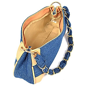 Womens Girls Vintage Retro Denim Jeans Medium Chain Shoulder Bag Purse Handbag (Dark Denim)
