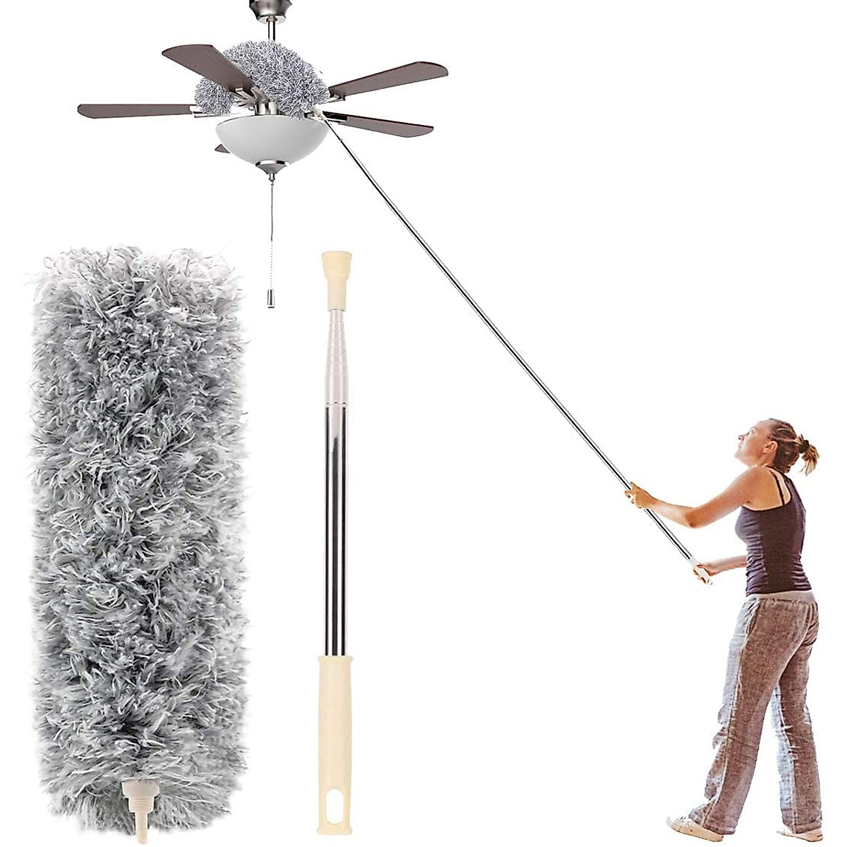 Microfiber Duster with Extension Pole(Stainless Steel) 30 to 100'', with Bendable Head, Extendable Long Duster for Cleaning Ceiling Fan, High Ceiling, Keyboard, Furniture Cars