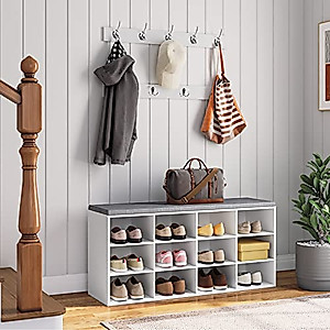 HOOBRO Shoe Storage Bench with Cushion, Entryway Bench, 39.4" Hall Tree, Coat Rack, 12 Cubbies, Holds up to 330 lb, Shoe Rack, Storage Cabinet for Bedroom, Hallway, White and Gray WT112HX01