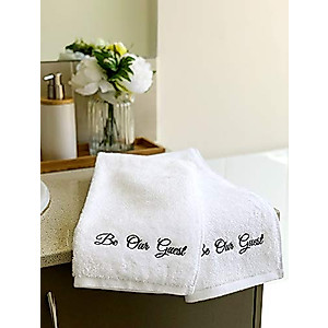 'Be Our Guest' Embroidered White Hand Towels for Bathroom with Gift Box - Set of 2 - Extra Absorbent 100% Cotton Hand Towel Set - 571GSM - 14 x 30 inches - Gifts for Bathroom - Be Our Guest Decor