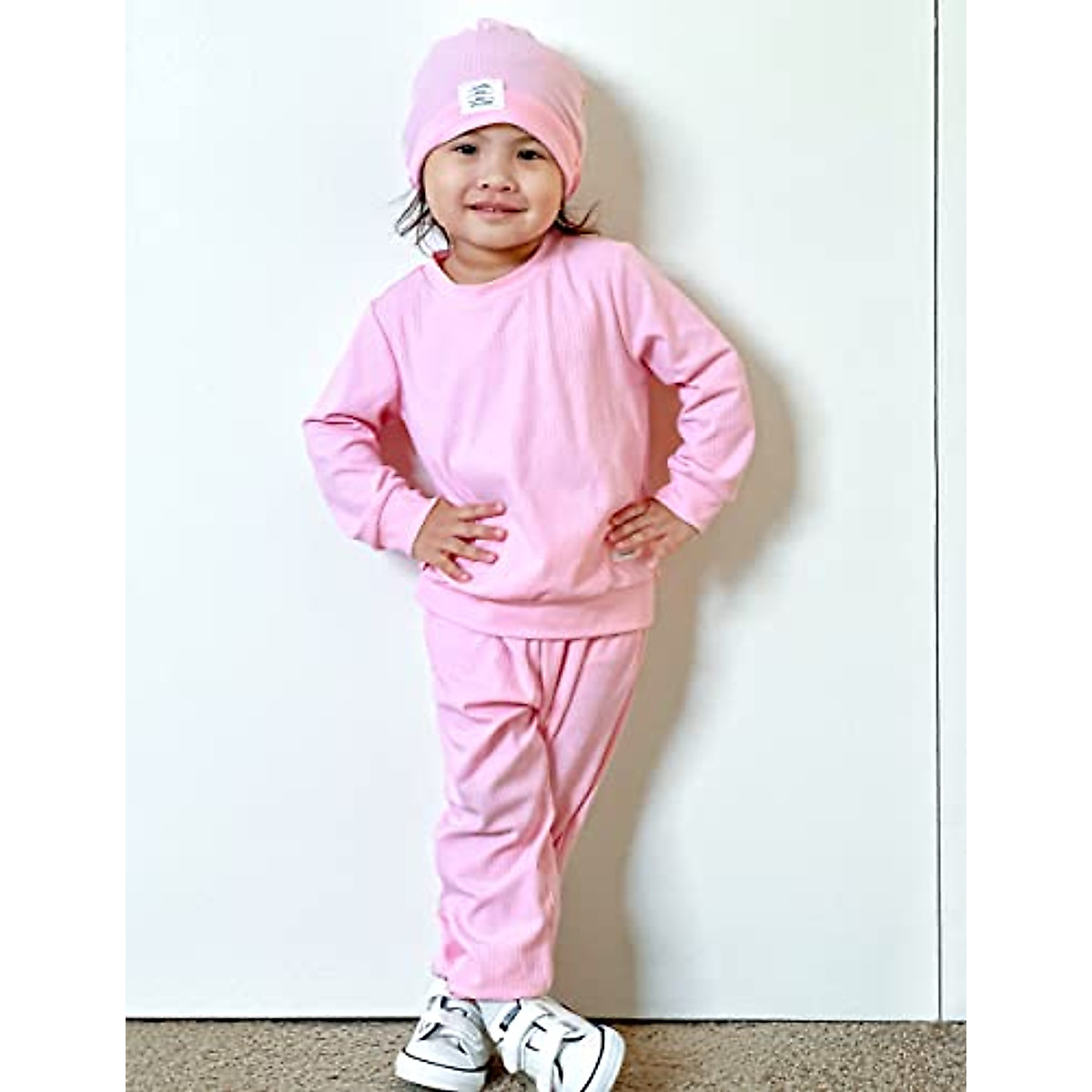 Melaogoy Toddler Baby Girl Clothes Outfit Long Sleeve Sweatsuit Set Solid Top+Pants+Hat 3PCS(2-3T Pink)