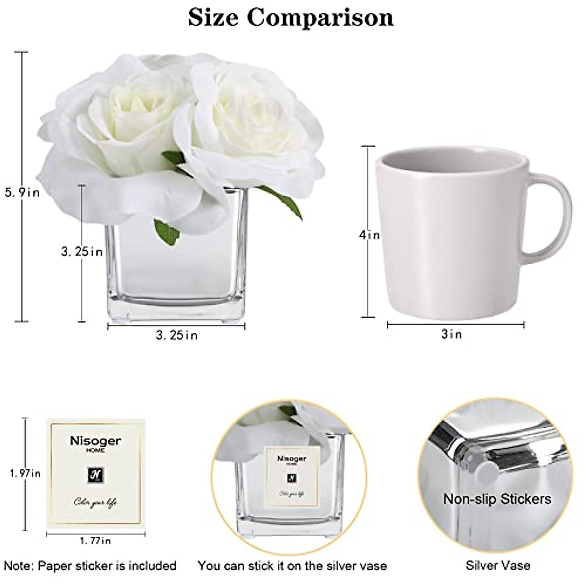 Nisoger Artificial Flowers in Vase, White Silk Rose Faux Flowers in Vase, Fake Flowers with Vase Bouquets Arrangements Home Decoration for Dinning Table Centerpieces Bedroom Bathroom Kitchen, White