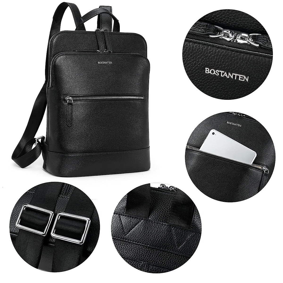 BOSTANTEN Laptop Backpack Purse for Women Genuine Leather Backpack Travel Bag and Womens Wallet Genuine Leather Large Capacity Wristlet Clutch Purse Credit Card Holder with RFID Blocking Black