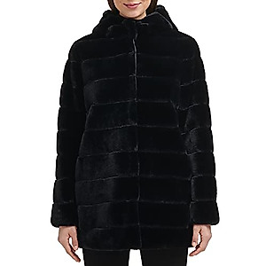 Kenneth Cole Women's Classic Style Faux Fur Coat, Hooded Mink Black, Large