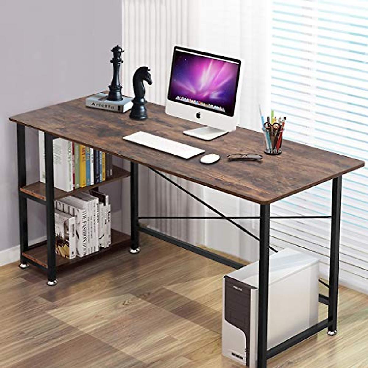 Industrial Style Tower Computer Desk with 3 Tier Shelves - 47.2'' Multi Level Writing Study Table with Bookshelves Modern Steel Frame Wood Desk Compact Home Office Workstation (Brown)