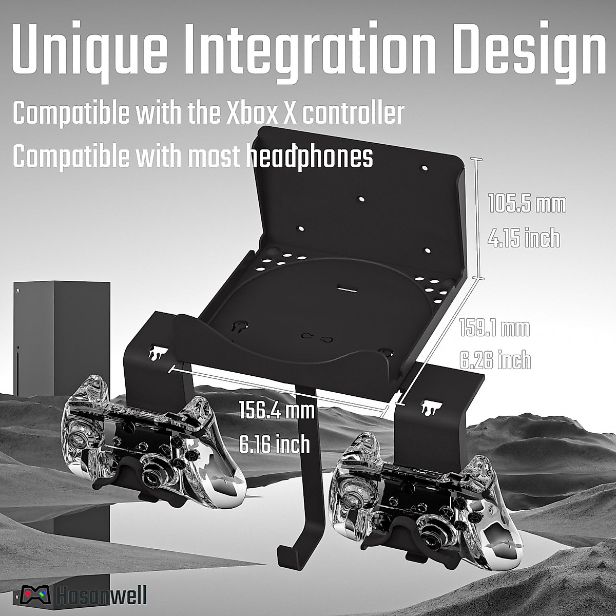 Hosanwell Xbox Series X Wall Mount,Metal Support-5 in 1 Xbox Series X Wall Mount kit with 2 Way Magnetic Charging Cable,Detachable Controller Holder & Headphone Hanger,Black