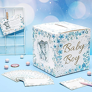 50 Pcs Elephant Diaper Raffle Tickets with Baby Shower Holder Box Baby Party Decorations Diaper Raffle Box Baby Shower Card Elephant Game Insert Card for Baby Boy Party Diaper Raffle Game Baby Shower