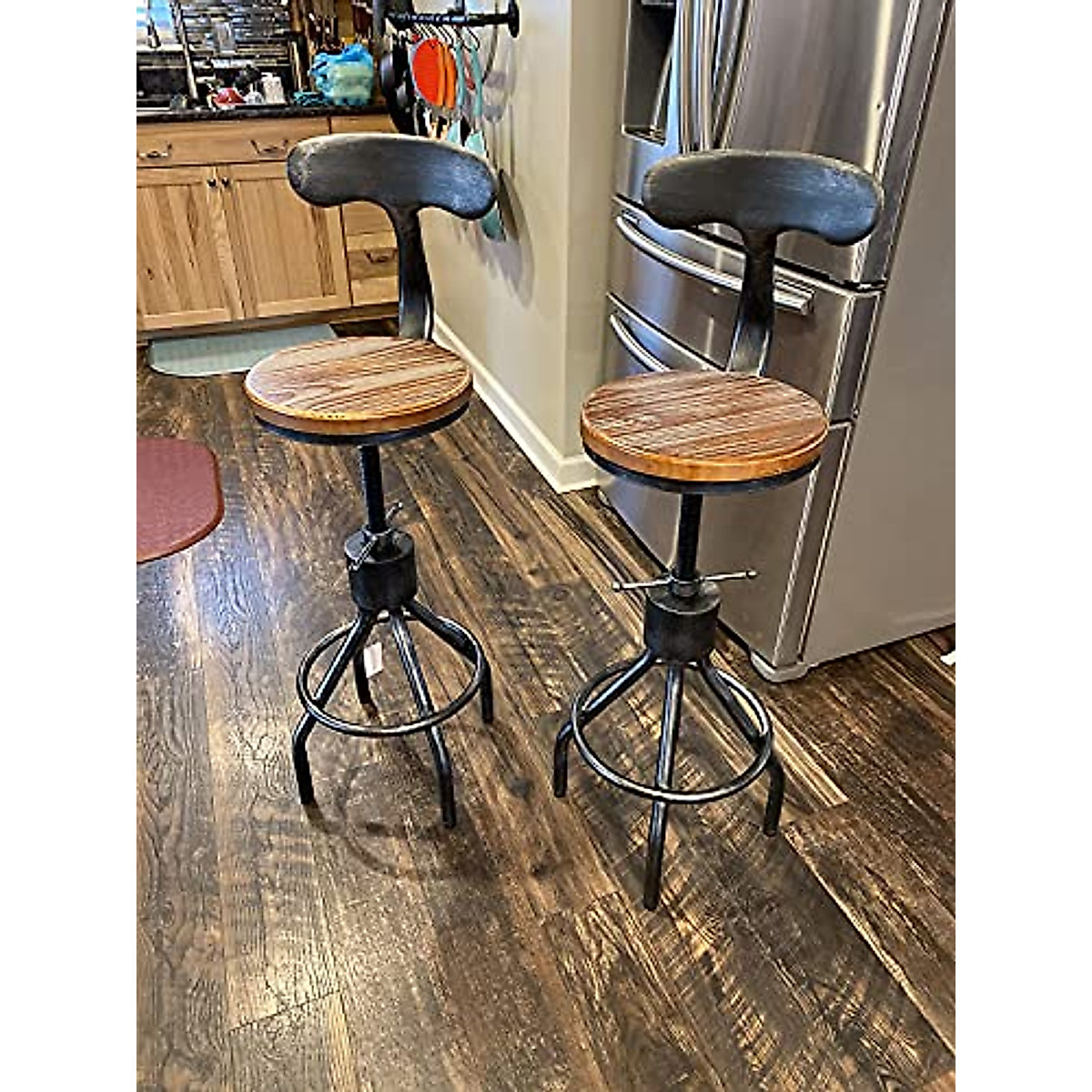 LOKKHAN Set of 2 Rustic Industrial Bar Stool-24-30 Adjustable Metal Swivel Wooden Top Barstools-Counter Height Extra Tall Bar Height-Vintage Farmhouse Kitchen Breakfast Cafe Stool-with Backrest