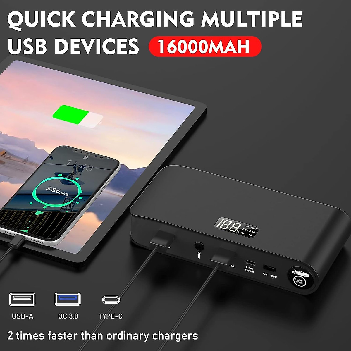 3000A Peak Battery Jump Starter 16000mAh Jump Pack 1600A Rated 12V with Jumper Cables, Portable Battery Booster with USB QC 3.0 PD 18W Fast Charging for Car 7.2L Gas/5.5L Diesel Engine