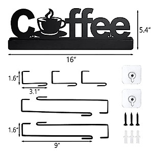 YANGSHUO Coffee Mug Holder - Wall Mount Coffee Cup Holder with Adjustable Mug Hooks (Black/Metal), Decorative Coffee Sign Mug Hanger Rack (17-Inch)