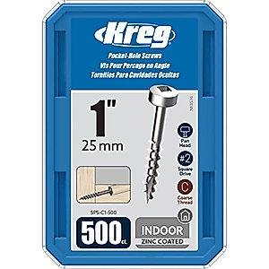Kreg SPS-C1-500 Zinc Pocket Screws, 1-Inch, 7 Coarse Thread, Pan Head (500 Count)
