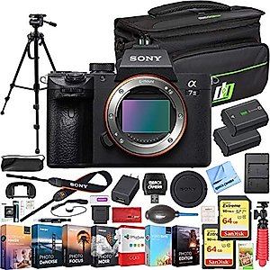 Sony a7 III Full Frame Mirrorless Interchangeable Lens 4K HDR Camera ILCE-7M3 Body Bundle with Deco Gear Travel Bag, 2X 64GB Memory Cards, Editing Suite and Accessories (18 Items)