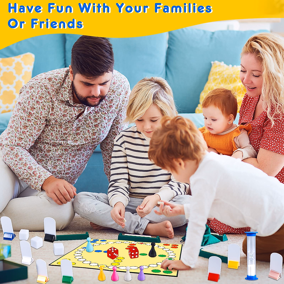 131 Pcs Create Your Own Board Game DIY Board Game Kit with Blank Playing Cards, Foldable Blank Game Board, Dice, Game Pieces, Playing Card Stands, Rule Sheet, Sand Timer for Family Board Games