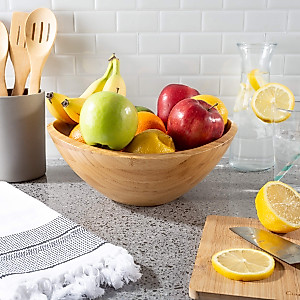 Classic Cuisine Serving Bowl – Large Modern Oval Wood Dinnerware for Salads, Bread, Fruit or Vegetables,Brown/Wood, 12.4” L x 10.9” W x 4.5” H