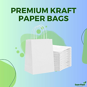 Saan-Pack Kraft Paper Bags with Handles 8"x4.5"x10.25", 25 Pack, White | Paper Gift Bag, Shopping Bag for Parties, Favors, Businesses