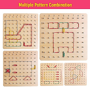 Skrtuan Wooden Geoboard with Rubber Bands, Montessori Educational Toy for Kids, Pattern Block Geo Board with Pattern Cards and Rubber Bands Create to Figures Shape STEM Puzzle Matrix Brain Teaser