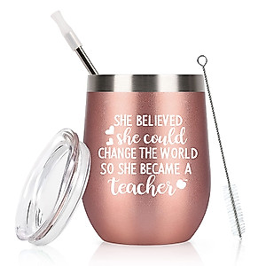 GINGPROUS Teacher Appreciation Gifts, Teacher's Day Christmas Birthday Gift for Women Teacher Tutor Professor New Teacher Her, So She Became a Teacher Stainless Steel Wine Tumbler, 12 Oz Rose Gold