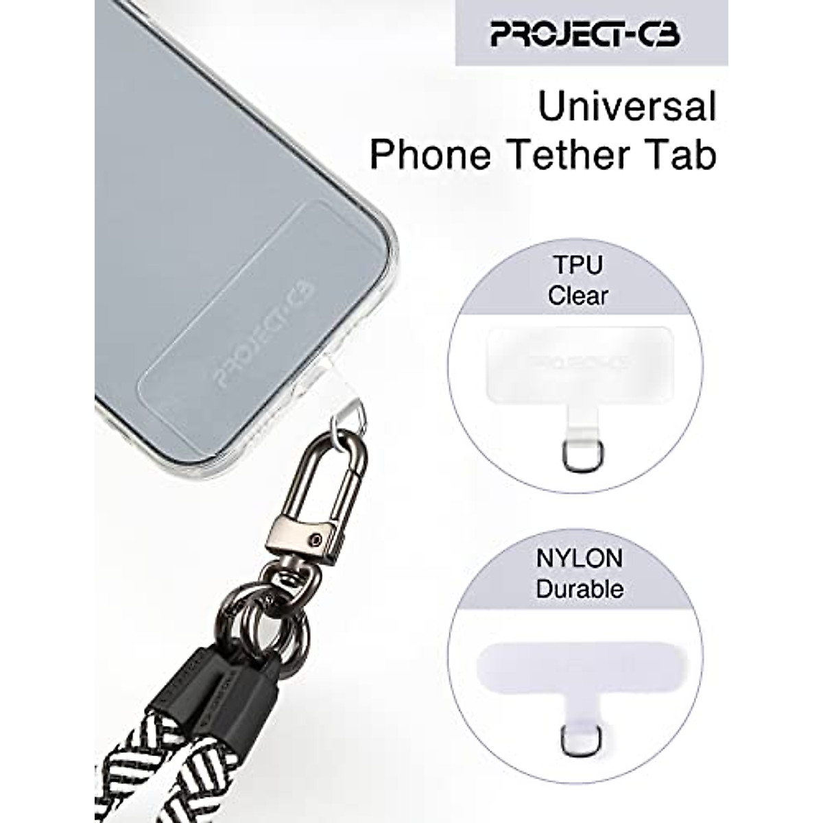 project-cb Phone Tether Tab 2 Pack,Universal Phone Lanyard Patch Without Adhesive,Phone Strap Replacement Part for Cell Phone (White&Clear)