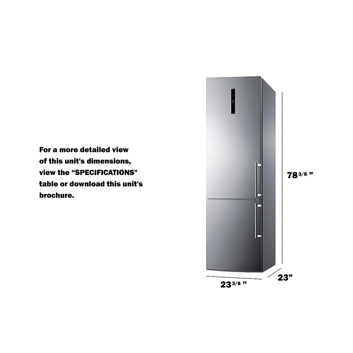 Summit Appliance FFBF181ES2LHD Bottom Freezer Refrigerator, 24" Wide, High Temperature Alarm, 11.7 cu.ft Capacity, Stainless Steel Door, Left Hand Door Swing, Multi-Flow Fan, Digital Thermostats