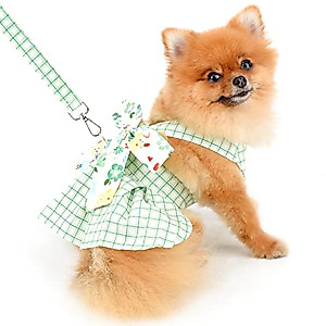 PAIDEFUL Plaid Dog Harness Dress for Small Medium Dogs Female Girls Flowers Tutu Skirt Pet Clothes with Leash 1.5m Cats Apparel Puppy Chihuahua Yorkie Clothing Spring Summer Green L