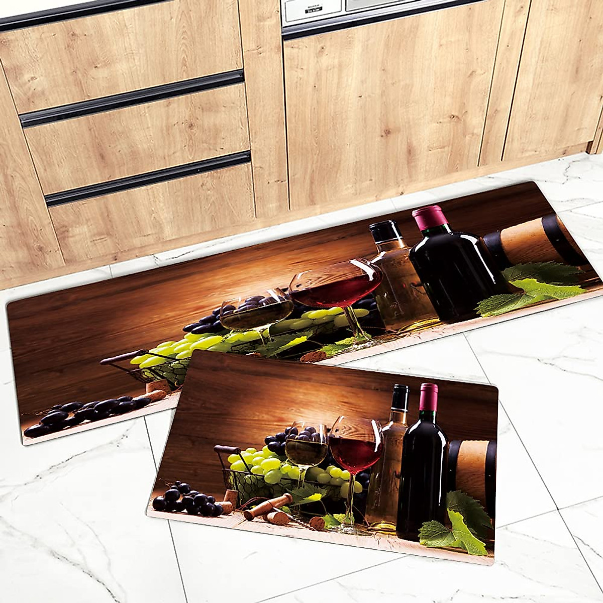 AILUER Red Kitchen Rugs and Mats Set 2 Piece Red Rose Wine Kitchen Decor for Kitchen Non-Slip Kitchen Mats Rugs for Kitchen & Laundry (Red and White Wine, 17.5"x29.5"+17.5"x47")