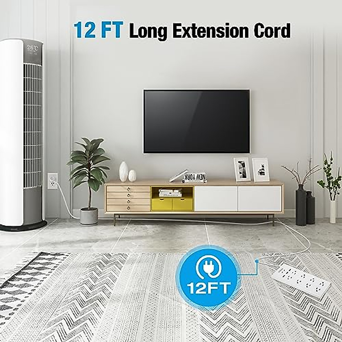 WANDOFO 12 FT Surge Protector Power Strip, 8 Outlet 1050J 12 Foot Long Extension Cord, 15A/1800W, 15A Breaker, 5V 3.1A Smart USB Port, Low Profile Flat Plug, Wall Mountable, White