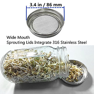 One-Piece 316 Stainless Steel Mesh Sprouting Lids Wide Mouth Mason Jar Strainer Lid for Mason Canning Jars Seed Sprouting Salad Sprouts Strainer Mesh Lids 4 Pack - Rust Proof