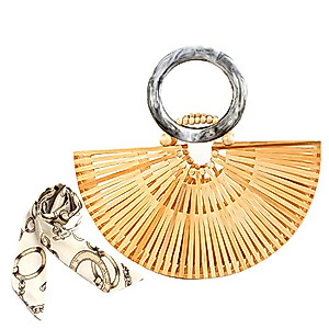 Popmazing Bamboo Handbag Semicircular Bag With Stone Strap Women Gifts For Her On Birthday - Summer Straw Bags, Handmade Tote Bag - Wooden Beach Purses Basket Handle Handbags For Summer Beach