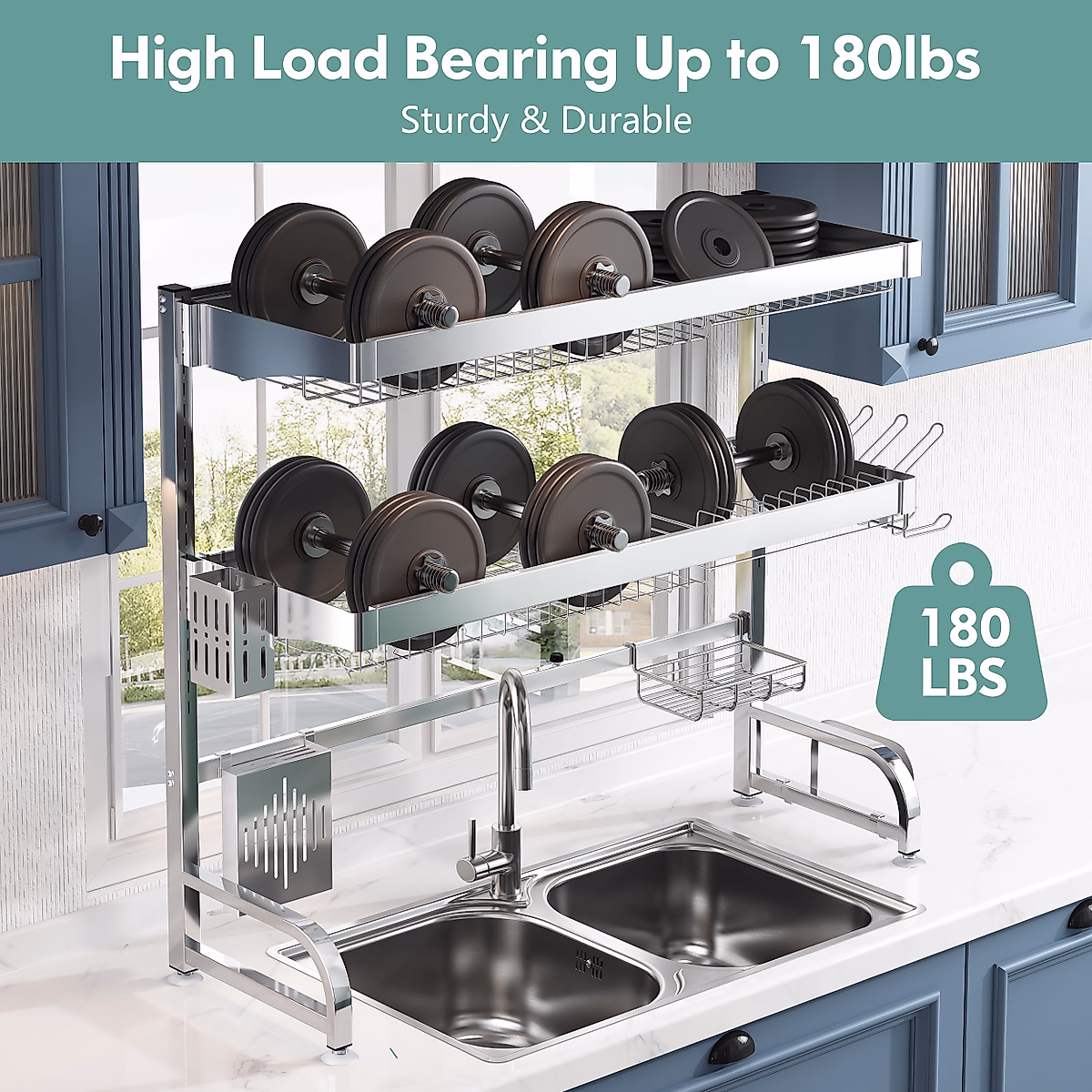 Over Sink Dish Drainer Drying Rack,MAJALiS 3-Tier 304 Stainless Steel Large Dish Racks for Kitchen Counter,Above Sink Organizer,(Sliver, 25.5"-35.5")