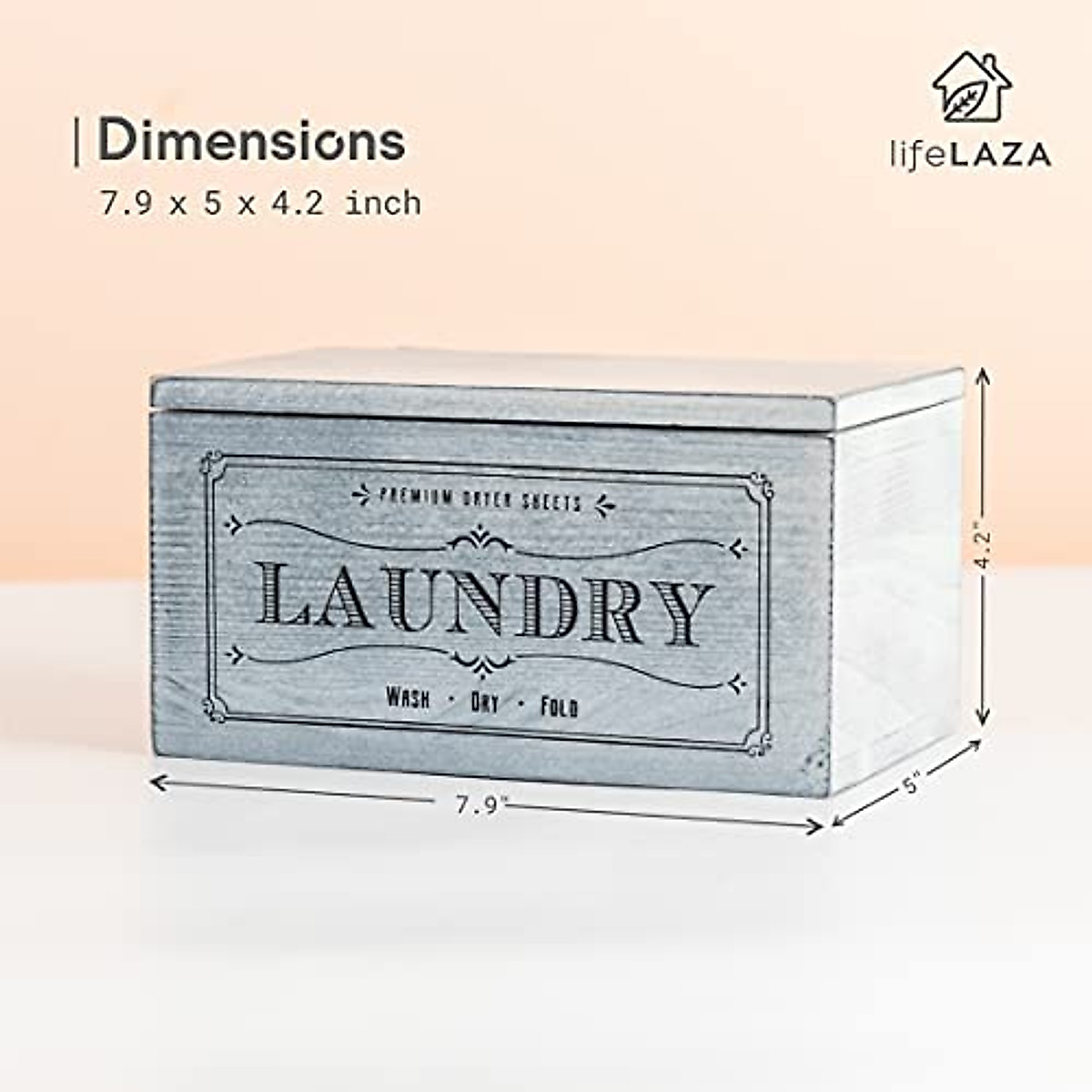 LifeLAZA Dryer Sheet Dispenser with Hinged Lid, Wooden Dryer Sheet Holder for Fabric Softener Sheets, Farmhouse Rustic Container Storage Box for Laundry Room Decor (Grayish-White)
