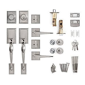 GUA OYH Double Door Handleset for Entryway Satin Nickel Front Door Handle Keyed Dummy Door Lock Set with Handle Lever for Front Door or Office Door, Satin Nickel (for Double Door) (L361516-S-S117)