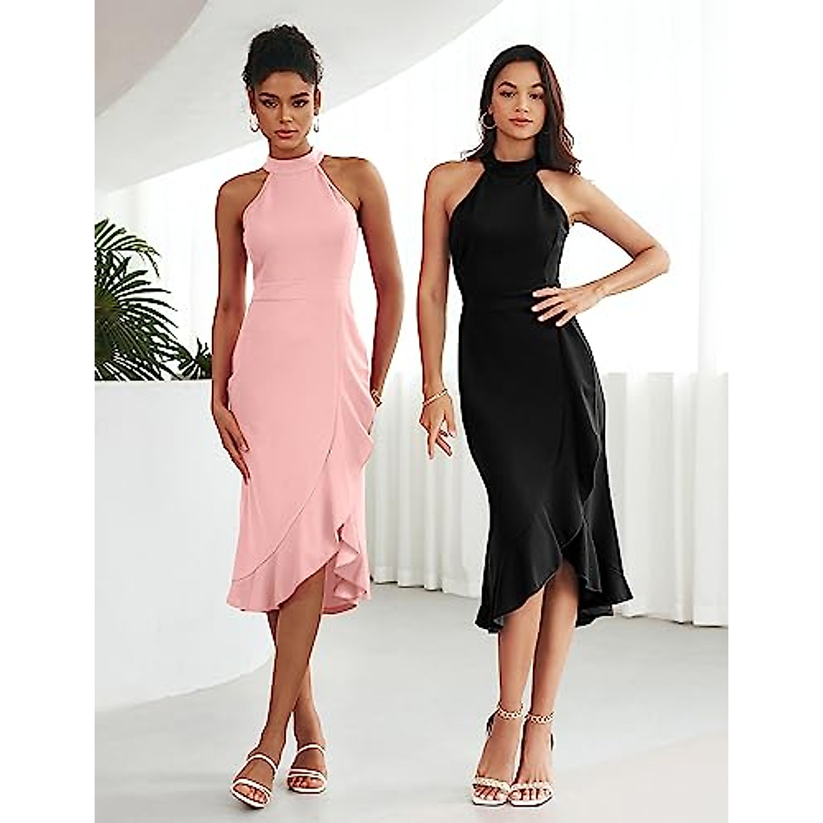 MEROKEETY Women's Sexy Halter Neck Sleeveless Evening Dress Slim Split Mermaid Prom Dresses,Black,XL