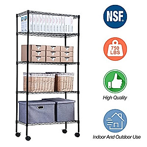 PIKAQTOP 5-Tier Heavy Duty Metal Shelves for Storage Kitchen Garage (750LBS Capacity), Industrial Commercial-Grade Shelves w/Wheels & Leveler Feet, Height Adjustable Wire Rack Shelving for Pantry