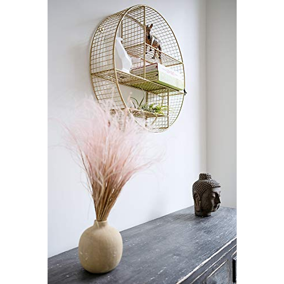 kimisty Gold Round Wall Shelf, 20 Inch Extra Large, Circular Bathroom, Bedroom Floating Shelves, Circle Brass Geometric Wall Art, Boho Metal Wire Mesh Sconce & Crystal Shelf