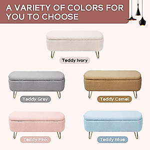 Sudwesto Modern Storage Ottoman Bench, Vintage Faux Fur Entryway Bench, End of Bed Bench with Gold Legs, Upholstered Padded Bench for Living Room, Bedroom, Entryway (Pink)