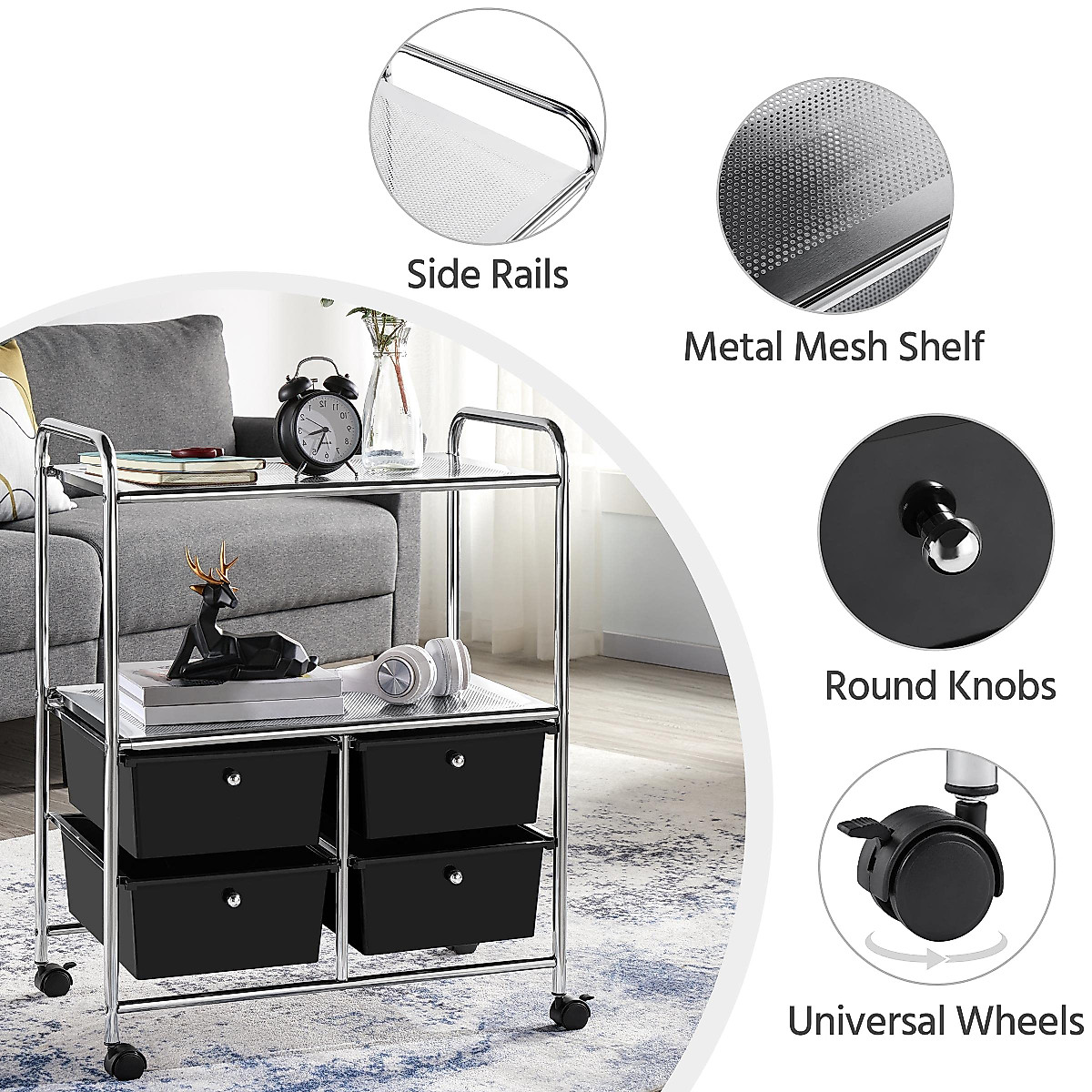 Yaheetech Rolling Storage Cart with 4 Drawers 2 Shelves Plastic Trolley on Wheels for Home Office School Beauty Salon, Black