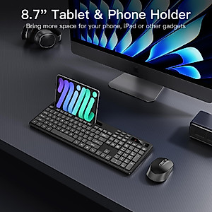 Wireless Keyboard and Mouse Combo, Soueto 2.4G Full-Sized Computer Keyboard with Phone Tablet Holder, 22 Multimedia Shortcuts, Numeric Keypad, 6 Button Silent Mouse for Windows, Mac (Space Black)