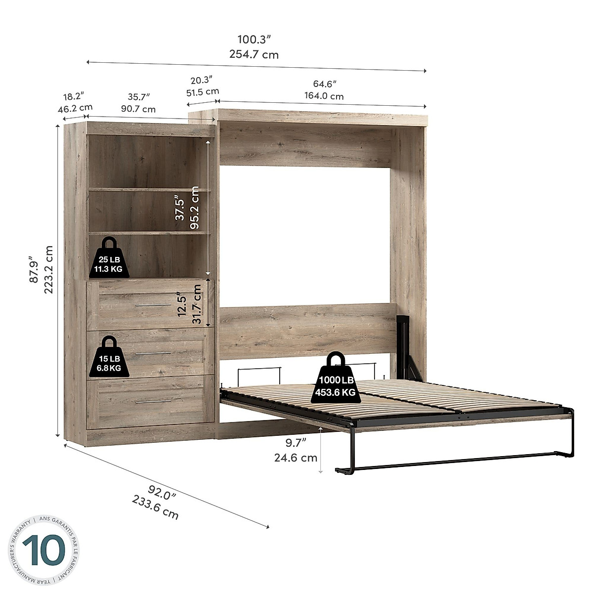Bestar Pur Murphy, Space-Saving Wall Bed for Multipurpose Room, Queen, Rustic Brown