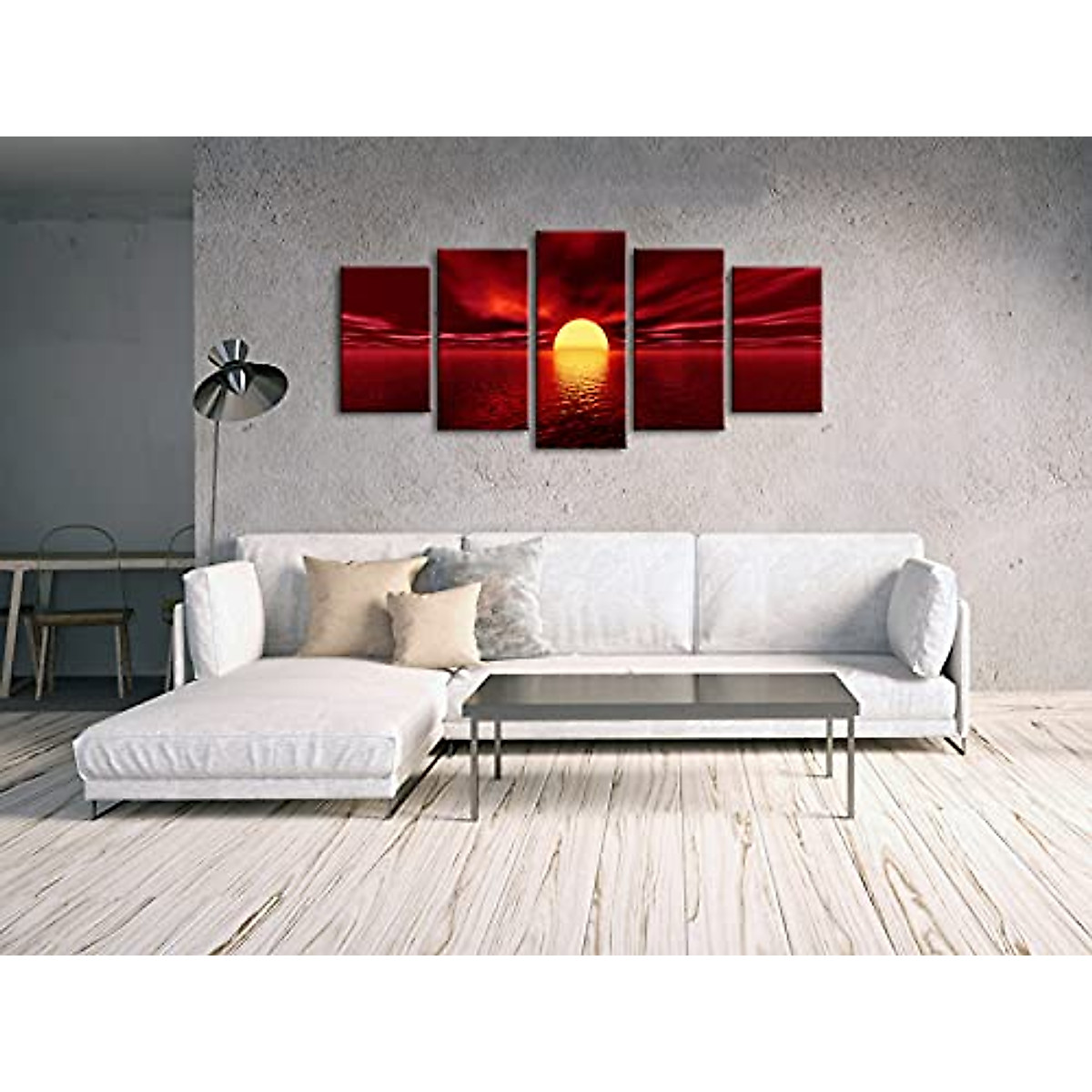 Wieco Art Red Sun Canvas Prints Wall Art Ocean Sea Beach Pictures Paintings Ready to Hang for Living Room Bedroom Home Decorations Modern 5 Piece Stretched and Framed Grace Landscape Giclee Artwork