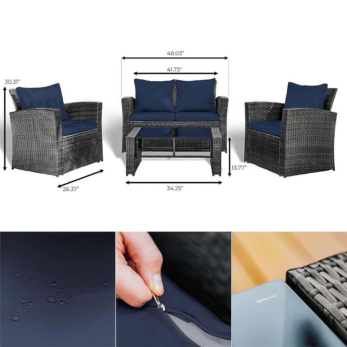 Nestl Wicker Outdoor Furniture Set - 4 Piece Patio Set (Grey/Navy)