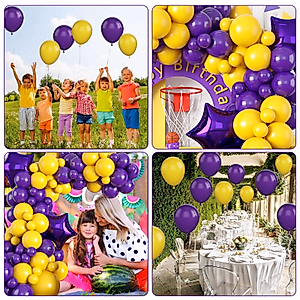 GREMAG Purple and Yellow Balloons, 113 Pcs Dark Purple Yellow Balloon Garland Kit, with Two 18inch Purple Star Foil Balloon, for Basketball Sport Theme Party Birthday Boys Anniversary Decorations