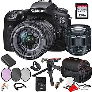 Canon EOS 90D DSLR Camera w/EF-S 18-55mm F/4-5.6 Zoom is STM Lens + 128GB Memory + Case + Filters + Tripod + 3 Piece Filter Kit + More (24pc Bundle)