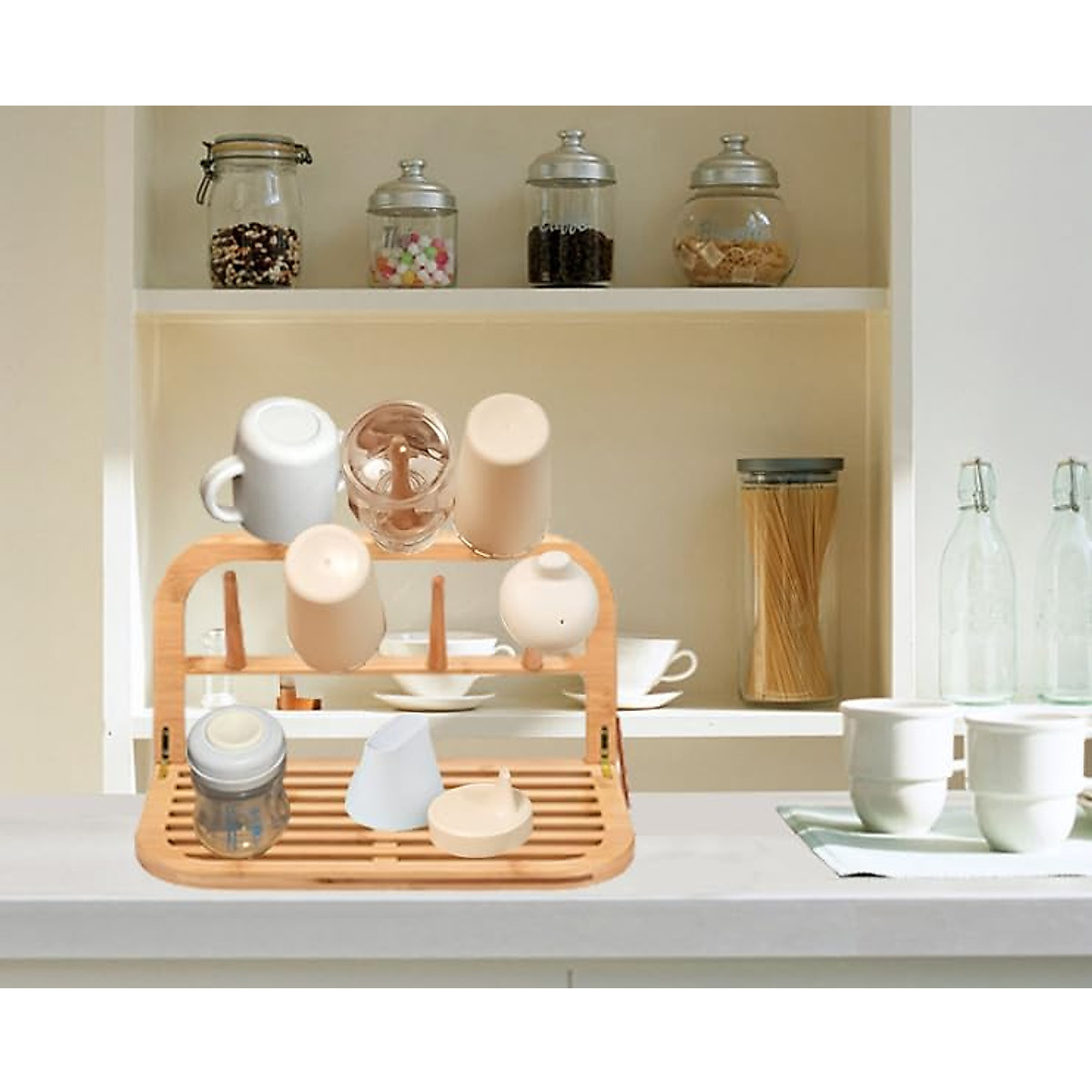 Eforwest Baby Bottle Countertop Drying Rack Bamboo,Space Saving Kitchen Drying Rack & Bottle Holder for Nipples, Cups, Pump Parts, Accessories, Reusable Ziplock and Freezer Bag Dryer Rack