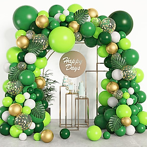 Amandir 163Pcs Jungle Party Balloons Garland Arch Kit, Gold Lime Green Balloons with Artificial Tropical Palm Leaves for Dinosaur Safari Party Decorations Wild One Birthday Party Supplies