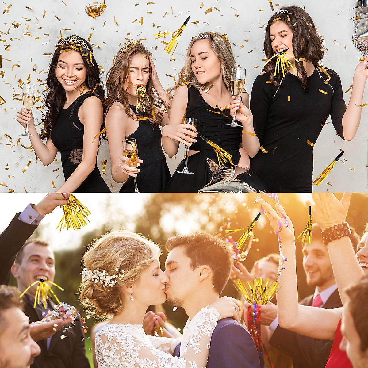 Sumind 24 Pieces Gold Noise Makers Glitter Noise Makers Metallic Fringed Party Blowers for Adults Birthday Graduation Sporting Events 2024 New Years Party Favor Supplies