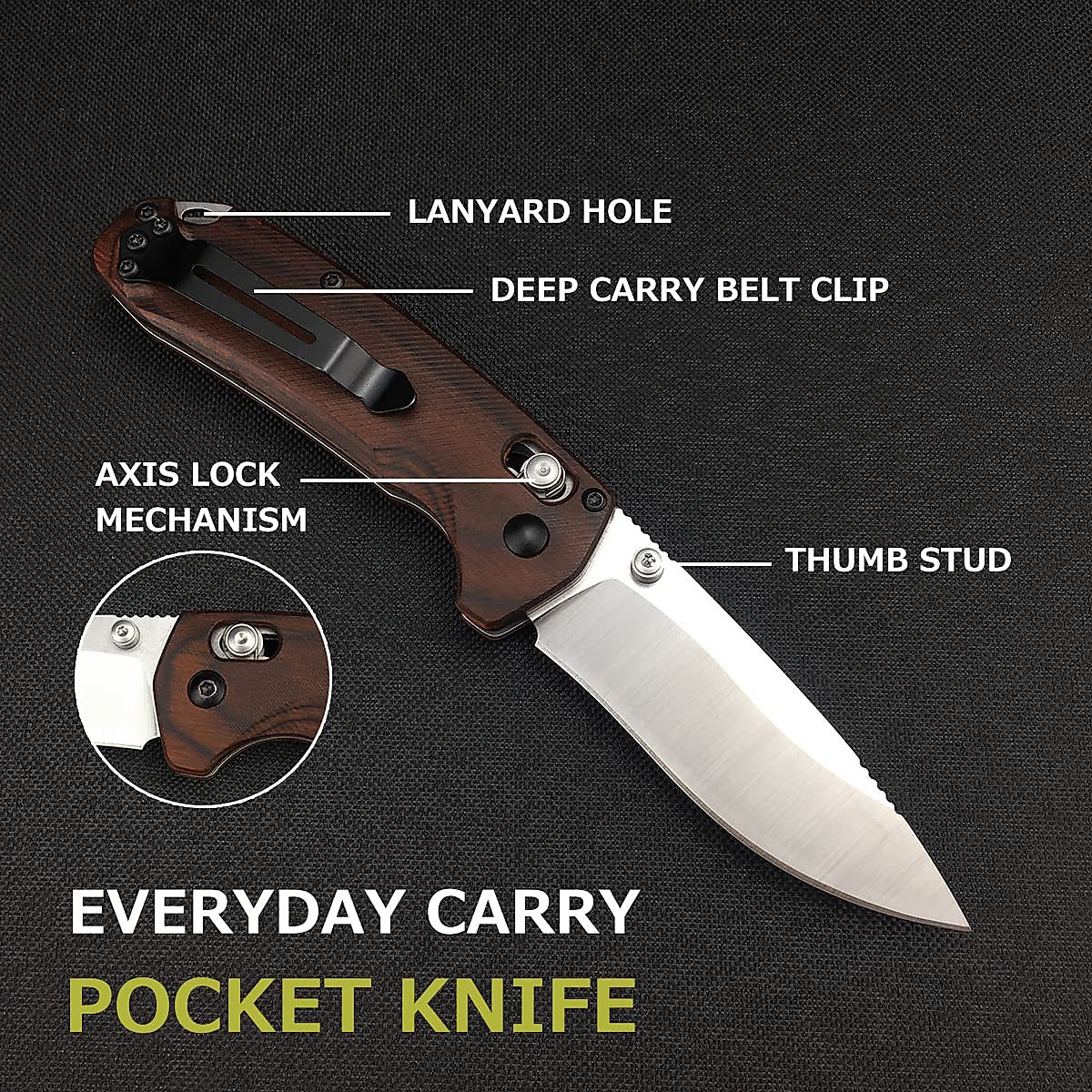 Manual Open North Fork 15031-2 Knife, Axis Lock Knife with 2.8 Inch D2 Steel Blade, Wood Handle, EDC Folding Pocket Knife with Thumb Stud, Belt Clip
