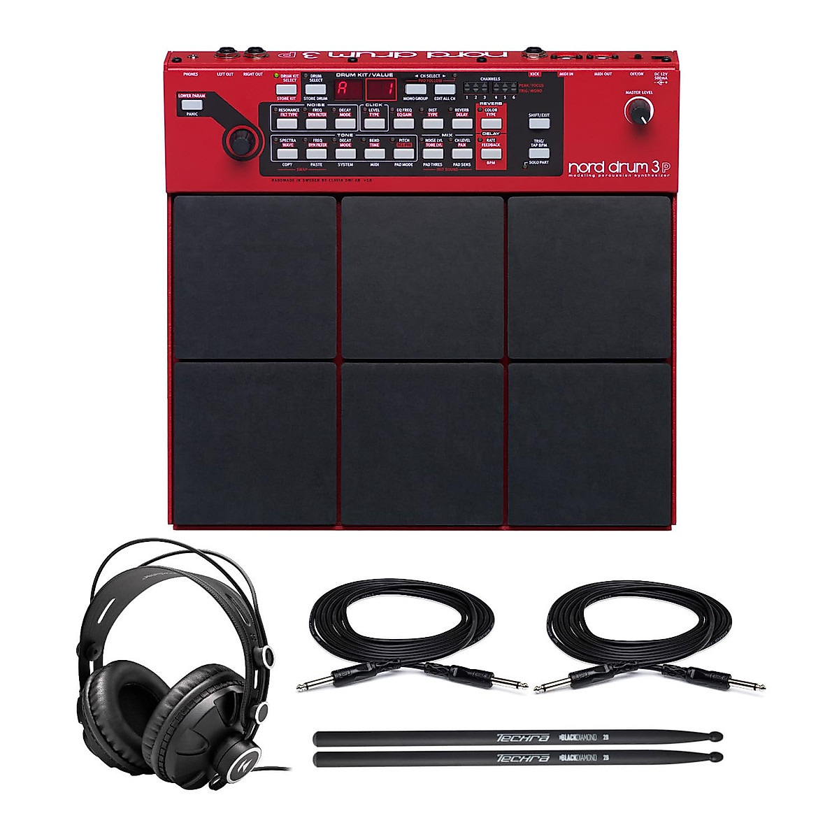 Nord Drum 3P Modeling 6-Channel Percussion Synthesizer Bundle with Closed Back Headphones, 5A Long Life Durable Non-Vibrating Drumsticks, and TS Cables (5 Items)
