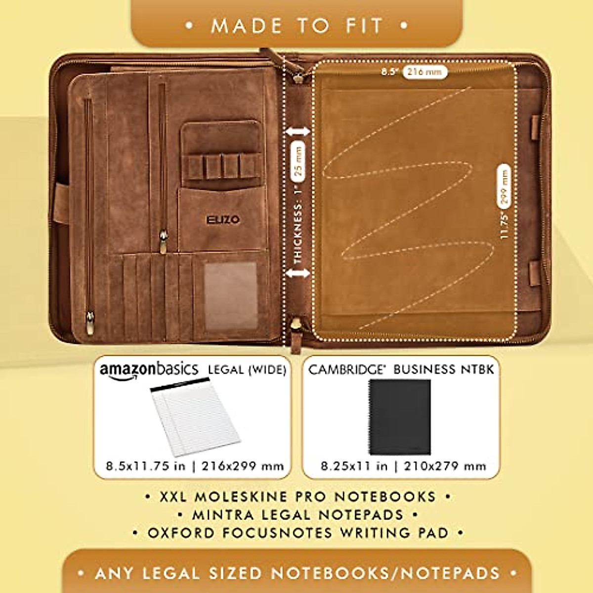 Genuine Leather Premium Portfolio Zipper Leather Portfolio Organizer Folio Leather Padfolio Portfolio Binder Portfolio Folder Leather Portfolio for Men Women Business Notebook Cover - Saddle